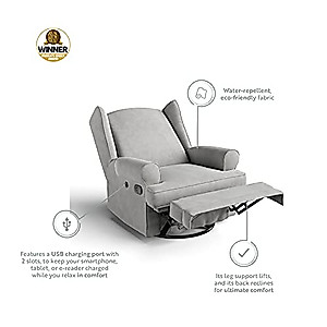 Storkcraft Serenity Upholstered Swivel Glider with USB Charging Port (Steel) – Fully Upholstered Wingback Nursery Glider Recliner with Manual Recline Function, 2 USB Charging Ports, 360 Swivel Base