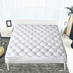 JURLYNE Mattress Pad Full XL Size, Quilted Fitted Mattress Cover, Pillow Top with Fluffy Breathable 5D & 7D Spiral Fiber Filling, Cooling Mattress Topper Cover, Protector, White