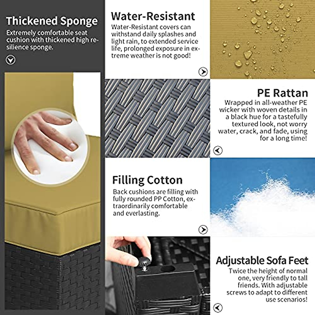 Patio Sectional Furniture Set 10-Piece Outdoor Wicker Conversation Sofa Couch with Olive Green Non-Slip Cushions Furniture Cover Black PE Rattan