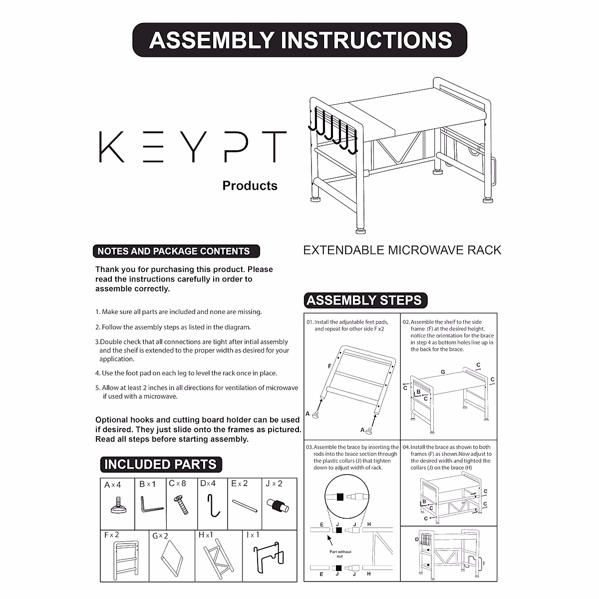 KEYPT Extendable Microwave Oven Rack - Adjustable Kitchen Counter Shelf, 2 Tier Microwave Stand with 6 Hooks for Kitchen Countertop Organizer (Black) Microwave Shelf with Cutting Board Attachment