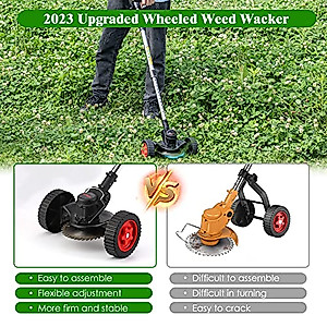 HUDAEN Cordless Grass Trimmer Weed Wacker, 3-in-1 String Trimmer Lawn Edger with 21V 2Ah Li-ion Battery for Garden and Yard with Wheel, Lightweight Adjustable Height Weed Eater Tool(Black)