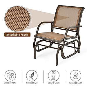 Giantex Swing Glider Chair W/Study Metal Frame Comfortable Patio Chair Love-Seat for Garden, Porch, Backyard, Poolside, Lawn Outdoor Rocking Chair (1, Brown)