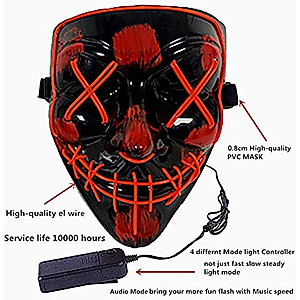 Halloween Mask LED Halloween Costume LED Glow Scary Light Up Masks for Festival Party Carnival Costume Christmas Cosplay Glow in Dark Gift rad (Red)