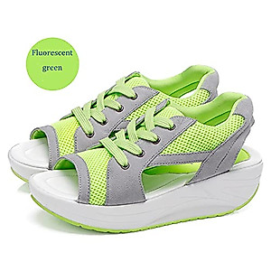 DEHIWI Muffin Sole Sandals Thick Sole Wedge Heel Breathable Rocking Shoes Women's mesh Shoes Comfort Sports Casual Women's Shoes (Fluorescent Green,40)