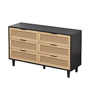NTYUNRR Black Rattan Dresser, 6 Drawer Double Dresser for Bedroom, 51.18" Rattan Dresser for Closet, Rattan Storage Cabinet Rattan Drawer with Metal Handles, for Living Room, Black M