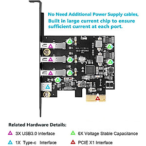 Yeeliya PCIe USB Card 4-Ports(1x USB-C - 3X USB-A) USB 3.0 Expansion Card PC Internal USB hub for Windows 10/8/7 and MacPro 4.1/5.1 with Low Profile Bracket