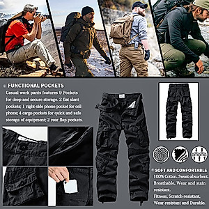 AKARMY Men's Casual Relaxed Fit Cargo Pants with Pockets, Outdoor Camo Cotton Work Pants for Men(No Belt) 3354 Black 38