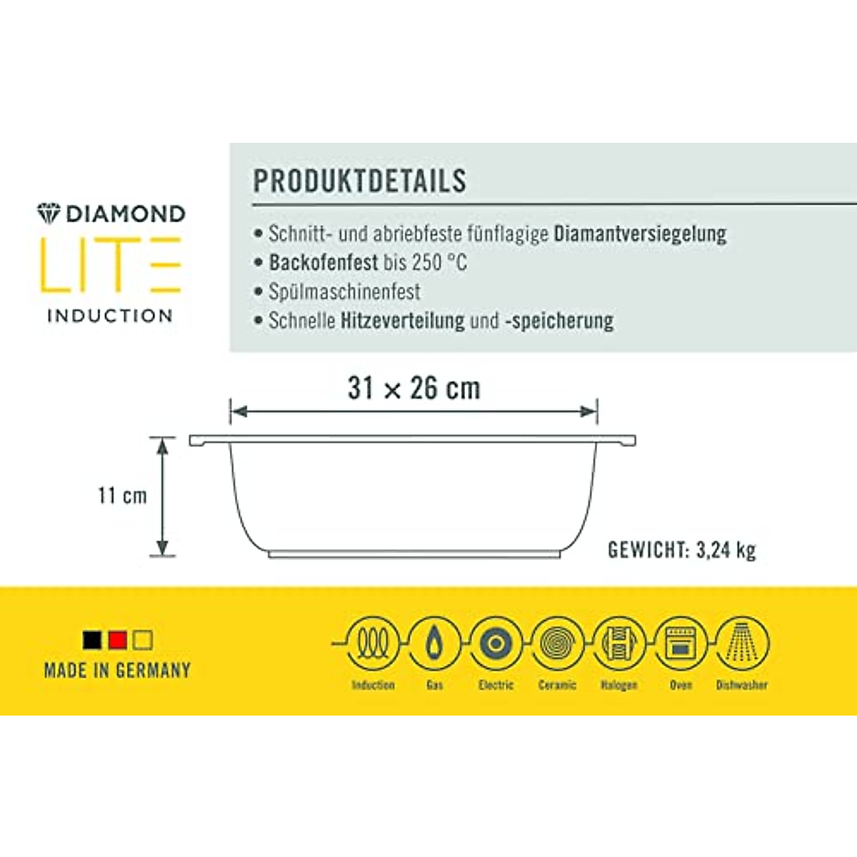 Woll Plus/Diamond Lite Induction Oval Roaster with Lid, 6.3 Quart, 10, Gray