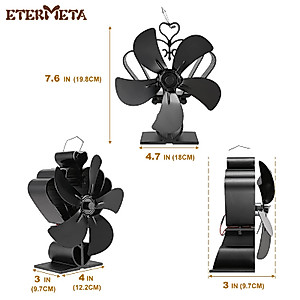 ETERMETA Wood Stove Fan 5 Blades Heat Powered Fireplace Fan Heat Activated Fan with Thermometer for Wood Log, Warm/Heated Air Eco Stove Fan, Black