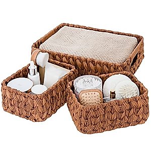 GRANNY SAYS Bathroom Baskets for Organizing, Wicker Storage Baskets for Bathroom, Bathroom Counter Storage, Toilet Basket Tank Topper, Caramel Orange, Set of Wicker Baskets 3 Pack