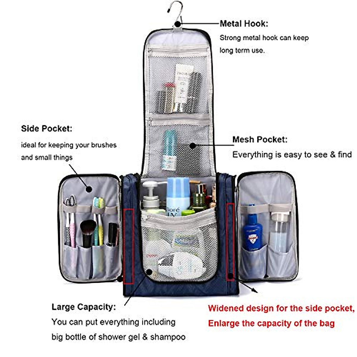 Large Hanging Travel Toiletry Bag for Men and Women Waterproof Makeup Organizer Bag wash bag Shaving Kit Cosmetic Bag for Accessories, Shampoo,Bathroom Shower, Personal Items DarkBlue