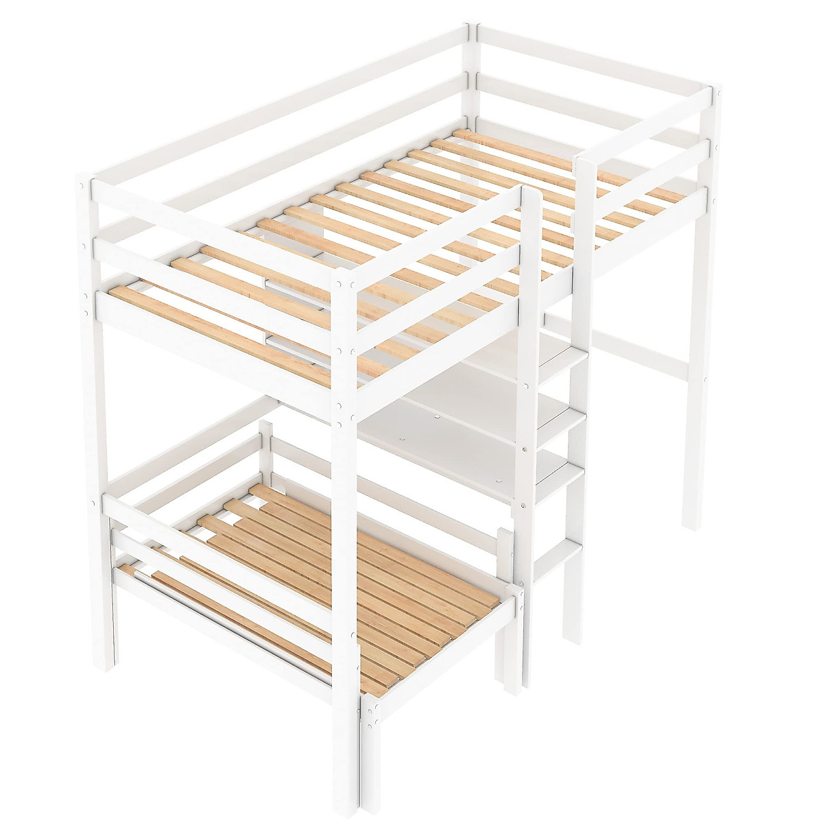 MERITLINE Twin Loft Bed with Desk and Bookshelf,Twin Bunk Bed Frame,Convertible Wooden Loft Bed Frame for Kids Teens Girls Boys, No Box Spring Needed,White