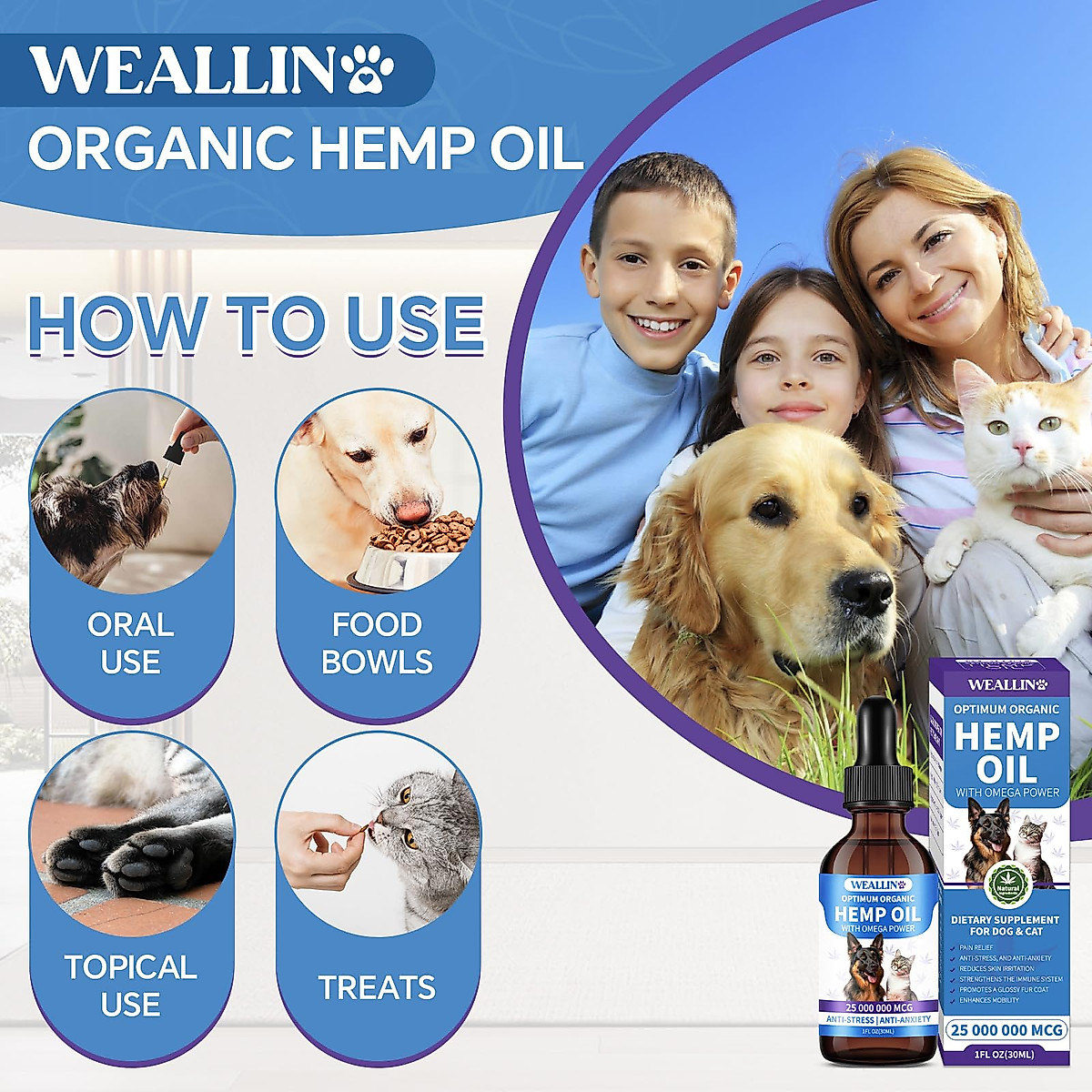 WEALLIN Hemp Oil for Dogs and Cats, Rich in Omega 3, 6, 9 and Organic Extract Helps Pets with Anxiety, Pain, Skin and Coat Health, Stress, Hip and Joint Support, Pet's Calming Treat (1 Pack)
