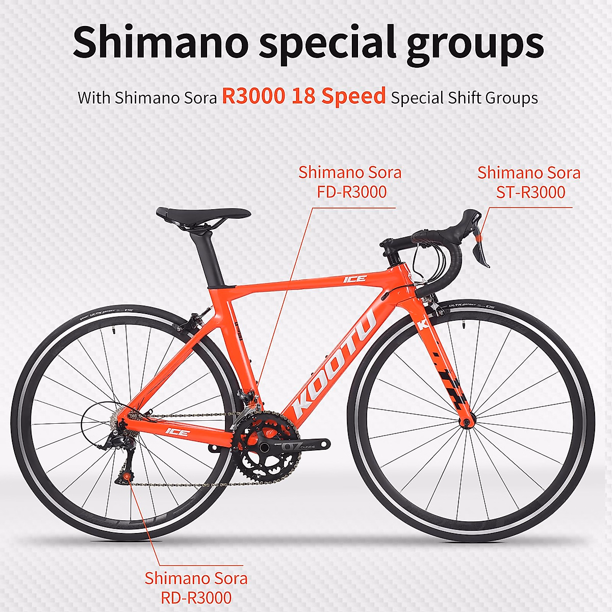 KOOTU Carbon Road Bike, Carbon Fiber Frame Road Bicycles 700C Wheels Racing Bike with SORA R3000 18 Speeds Groupset Ultra-Light Bicycle