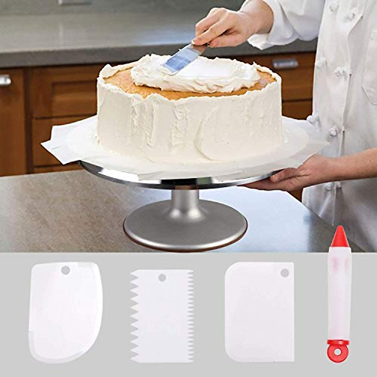 12’’ Cake Decorating Turntable for Cakes and Desserts,Aluminum Alloy Construction with 2 Angled Icing Spatulas and 3 Comb Icing Smoother