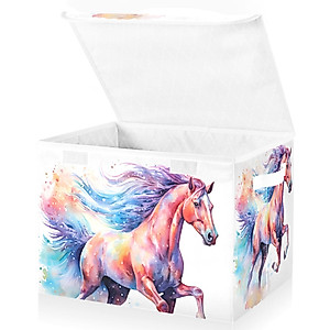 ALAZA Storage Bins Organizer Box Baskets Lidded Clothes for Shelves Closet Horse Watercolor Collapsible Stackable Storage Cubes Handles