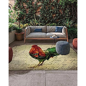 Outdoor Rugs for Patio 5x8ft,Rustic Farmhouse Animals Rooster Indoor Outdoor Area Rug Floor Carpet Washable Camping Mats for Deck Backyard Porch Decor - Vintage Old Newspaper