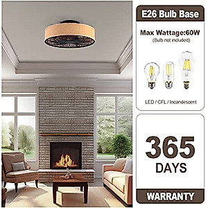 HUOGME 20" Caged Ceiling Fan with Light : Low Profile Fabric Farmhouse Remote Control Flush Mount Enclosed Ceiling Fan with Light for Bedroom Living Room Kitchen Indoor (Ginger)