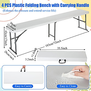 Soaoo 6 Pack 6ft Plastic Folding Bench Portable Outdoor Bench White Foldable Bench Seating with Carrying Handle for Indoor Outdoor Backyard Camping Picnic Dining Party