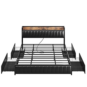 ANCTOR King Bed Frame with Storage Drawers Headboard & Footboard, Upholstered Platform Bed with USB Ports & Outlets, No Box Spring Needed