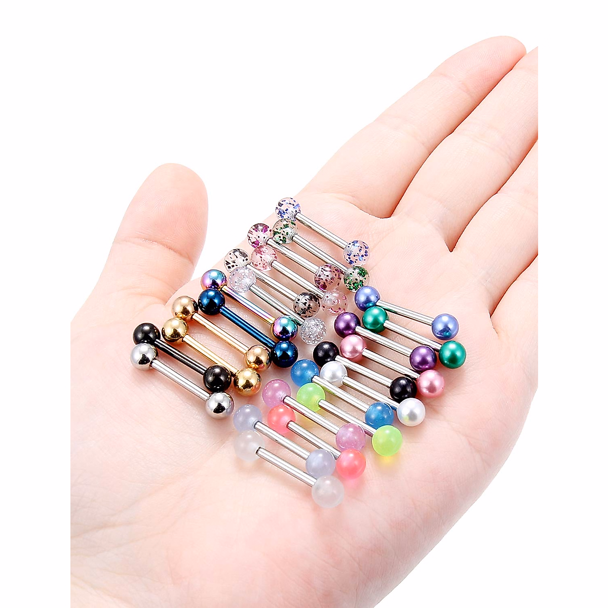 Prjndjw 24Pcs 14G Nipple Piercing Jewelry Tongue Rings Surgical Steel Straight Barbells Piercing Jewelry 12MM for Women Men Glow in The Dark