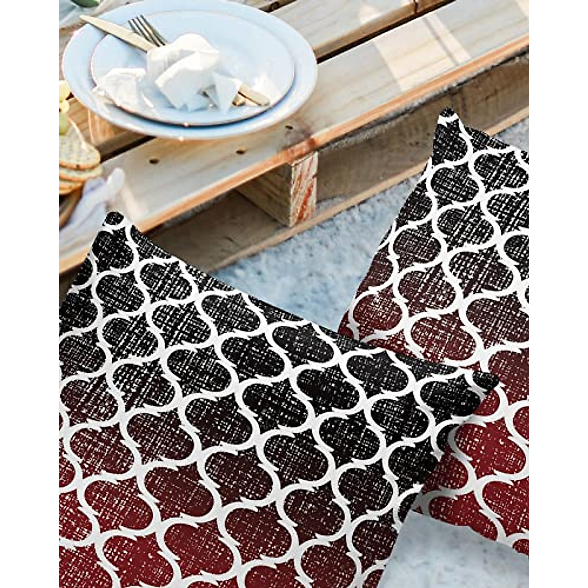 Vandarllin Outdoor Throw Pillows Covers 24X24 Set of 2 Waterproof Black and Red Ombre Gradient Decorative Zippered Lumbar Cushion Covers for Patio Furniture, Morocco Pattern