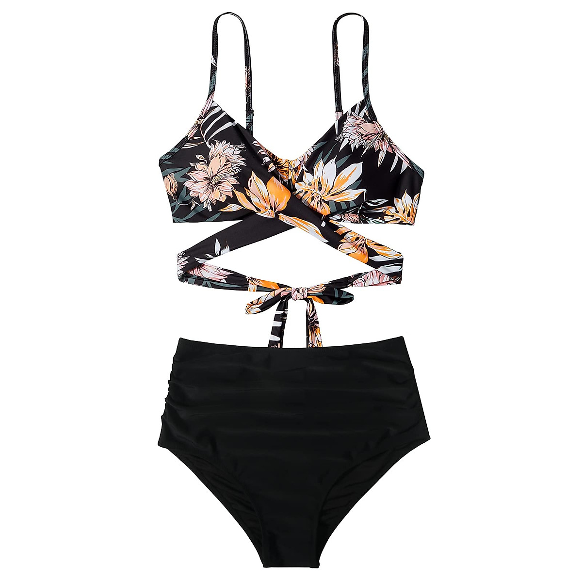 SUUKSESS Women High Waisted Bikini Criss Cross Swimsuits Push Up Bathing Suits (L, Retro Floral Black)