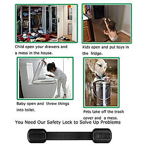 8 Pack Black Child Safety Cabinet Locks - Viaky Adjustable Straps Baby Proof Latches for Drawers, Oven, Refrigerator, Toilet Seat, Closet and Cupboard, Free 9 Extra Strong Adhesive Pads