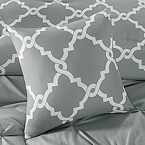 Madison Park Essentials Kasey Cozy Comforter Set - Fretwork Design, All Season Bedding with Matching Shams, Decorative Pillow, Queen (90in x 90 in), Diamond Grey Comforter 5 Piece