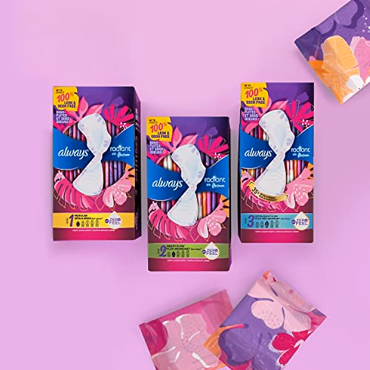 Always Radiant FlexFoam Pads for Women, Size 1, Regular Absorbency, up to 100% Leak & Odor Free Protection, with Wings, Scented, 42 Count