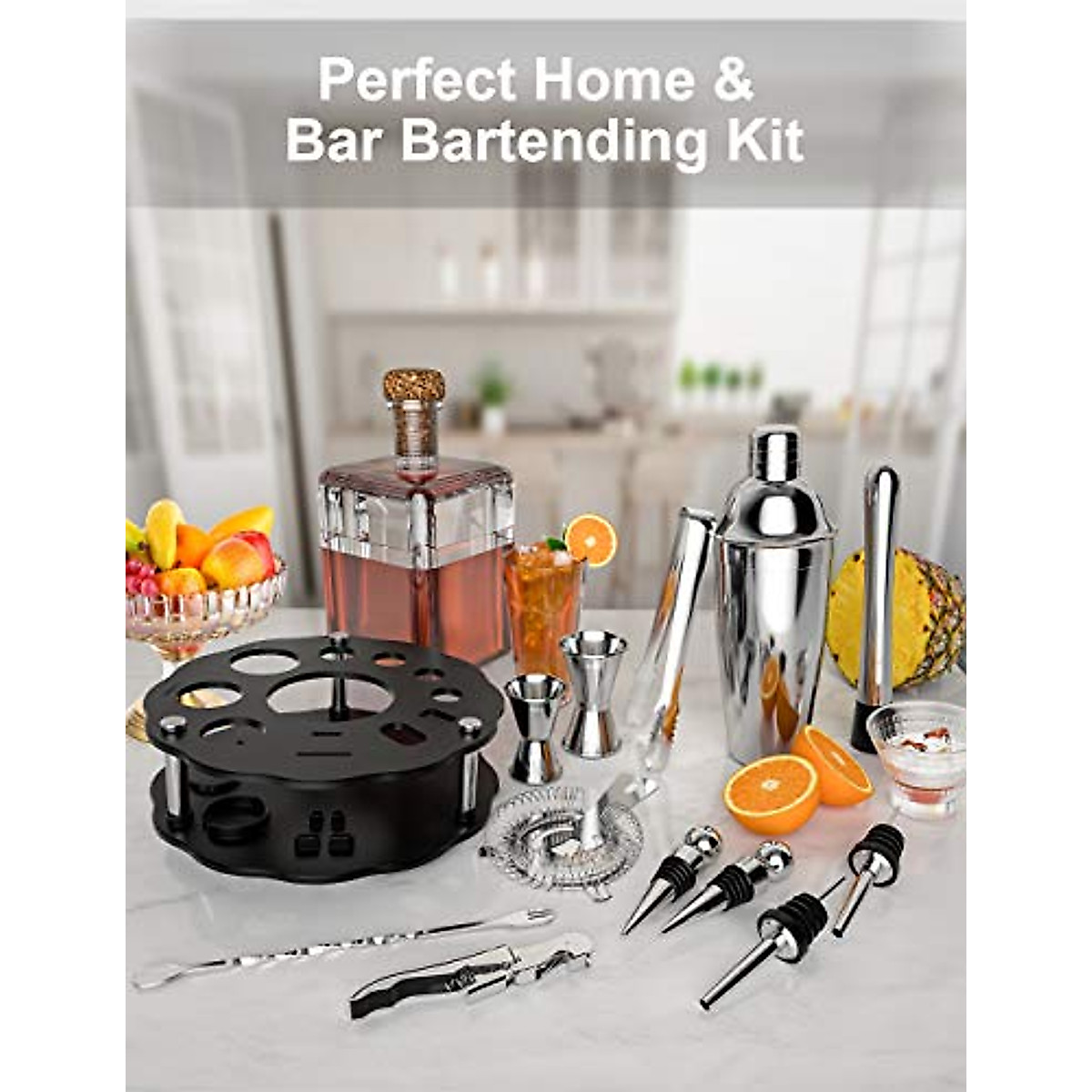 Bokhot Bartender Kit, 14 Piece Cocktail Shaker Set Stainless Steel Bar Tools with Rotating Stand, 25 oz Shaker Tins, Jigger, Spoon, Pourers, Muddler, Strainer, Tongs, Bottle Stoppers, Opener, Recipes