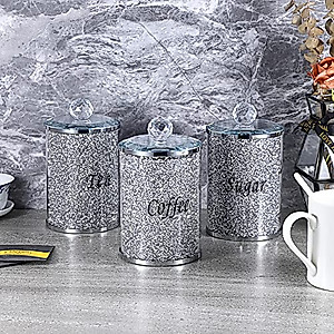 JUXYES Set of 3 Sparky Glass Crushed Diamonds Canisters Set for Sugar Coffee Tea, Luxurious Diamond Style Storage Containers Sets with Lids Decorative Storage Pots for Kitchen Counter Dining Room