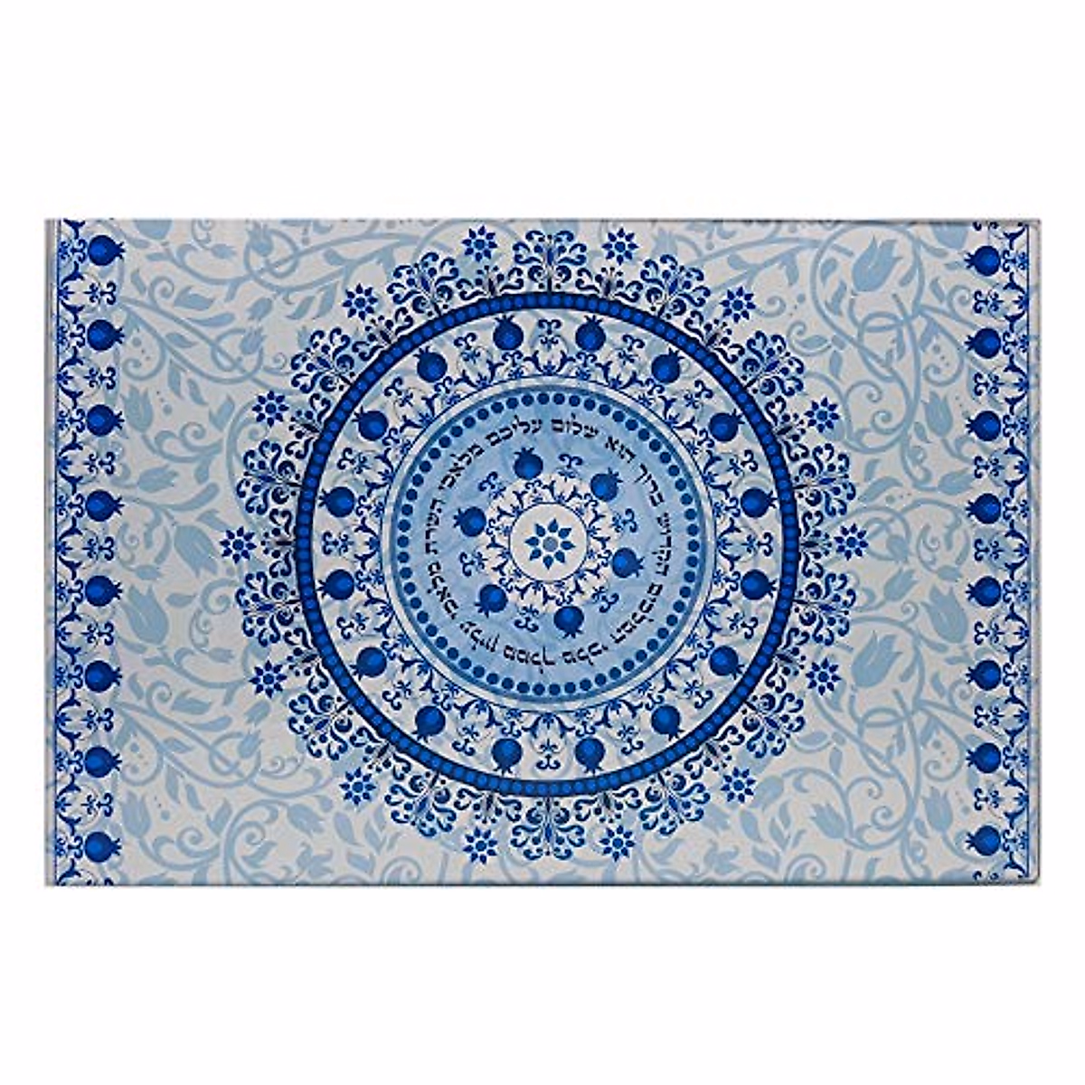Shabbat Challah Bread Cutting Board and Tray Blue Pomegranate Floral Pattern Tempered Glass Judaica Gift