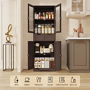 Gizoon 67" Tall Storage Cabinet, Freestanding Kitchen Pantry Cabinet with Glass Door & 2 Shelves & 2 Drawers, Stylish Linen Storage Cabinet for Home, Bathroom, Living Room, Office, Dark Brown