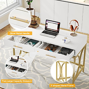 Tribesigns Modern Computer Desk with 2 Drawers, 41 Inches Study Writing Office Desk for Home Office, Bedroom, Makeup Vanity Table Desk with Gold Metal Frame, White & Gold