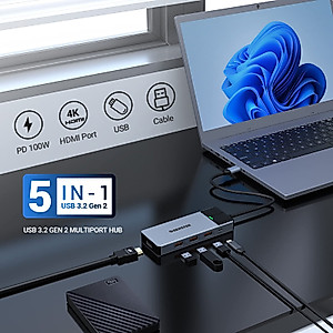 5 in 1 USB C Hub 3.2 Gen 2 10 Gbit/s, USB C Adapter with 4K@60Hz HDMI + 3*USB 3.2 Gen 2 +100W PD, Multiport USB 3.2 Hub for MacBook, Mac Pro, Mac Mini, iMac, Surface Pro, XPS, PC, Flash Drive