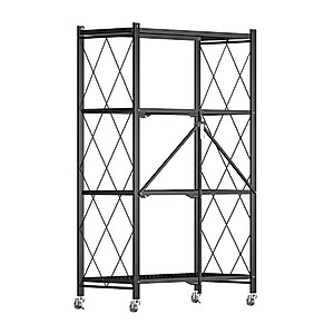 NEWWARE Storage Shelves 4-Tier Foldable, Metal Organizer and Storage Rack for Bathroom Kitchen, Display Storage Shelf with Wheels, No Assembly Shelving Unit for Pantry and Garage 4 Hooks, Black