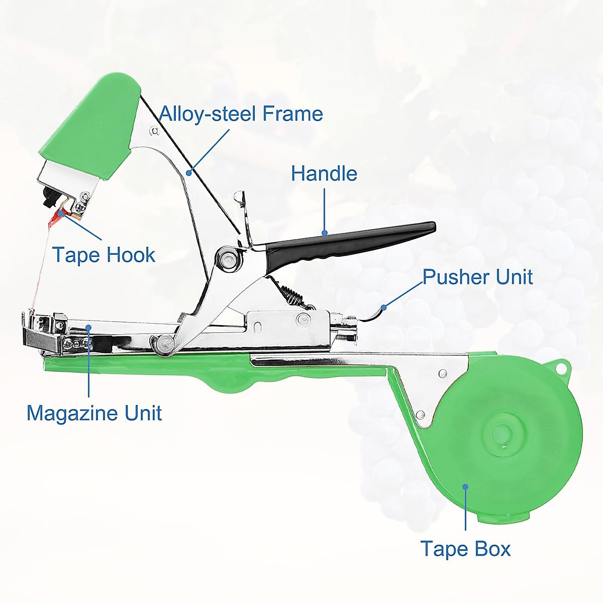 FUNTECK Plant Tying Machine for Grapes, Raspberries, Tomatoes and Vining Vegetables, Comes with Tapes, Staples and Two Replacement Blades,Green