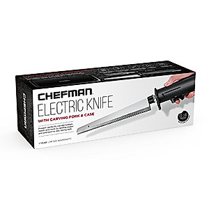 Chefman Electric Knife with Bonus Carving Fork & Space Saving Storage Case Included One Touch, Durable 8 Inch Stainless Steel Blades, Rubberized Black Handle, BPA Free, 120 Volts and Watts