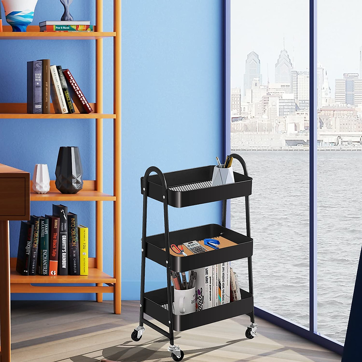 gianotter 3-Tier Utility Rolling Cart - Multifunctional Cart with Lockable Casters, Easy to Assemble, Suitable for Office, Bathroom, Kitchen, Living (Black)
