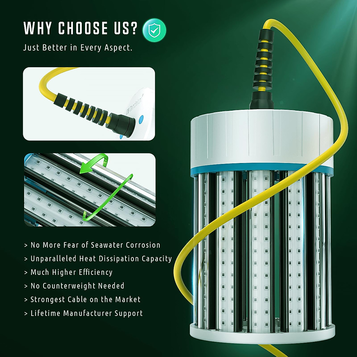 Tendelux Ultra-Bright Underwater Fishing Light, 110V & 12V Green LED Submersible Light Attractants for Docks, Boats or Kayaks, IP68 Rated for Fresh & Salt Water (30ft Cable)