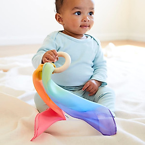 Sarah's Silks Silk and Wood Baby Teether Toy for Babies 3 Months and Older - Rainbow