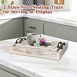 Set of 2 Rustic Farmhouse Wooden Serving Tray with Handles, Nesting White Decorative Trays for Coffee Table Ottoman Kitchen Bed Dining Table Centerpiece Rectangular Tray for Food Fruits Coffee Candles