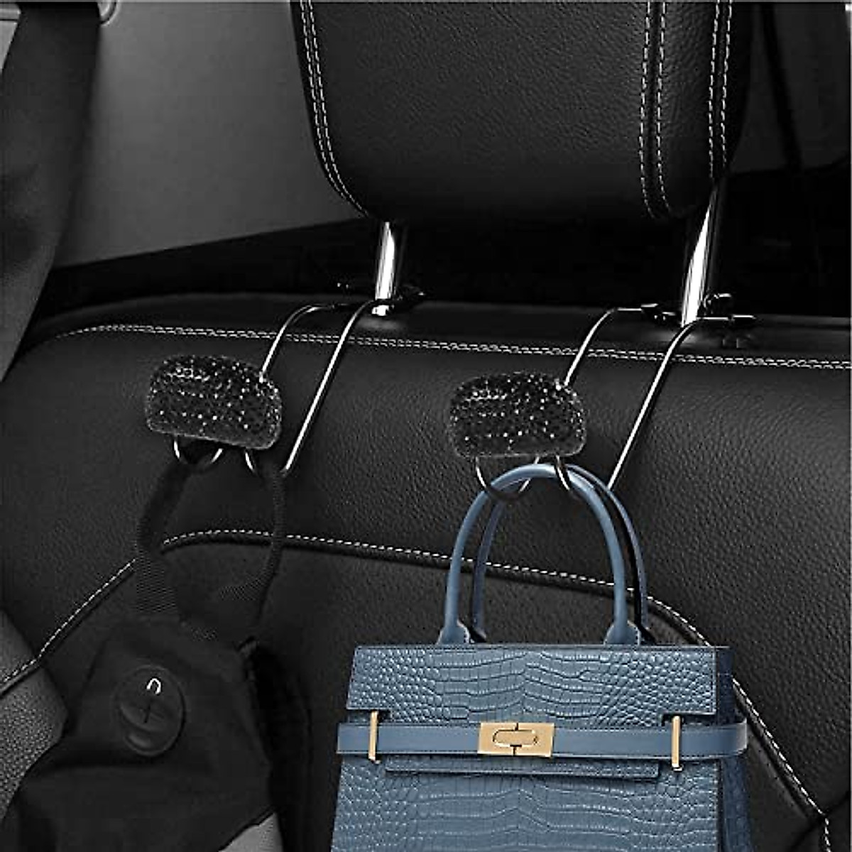 Guoord 【2024 Upgraded】 Car Headrest Hooks Decorations, 2 Pcs Bling Purse Hook Hangers, Auto Hooks Car Hangers and Durable Backseat Holder, Storage Universal for SUV Truck Vehicle (Black)