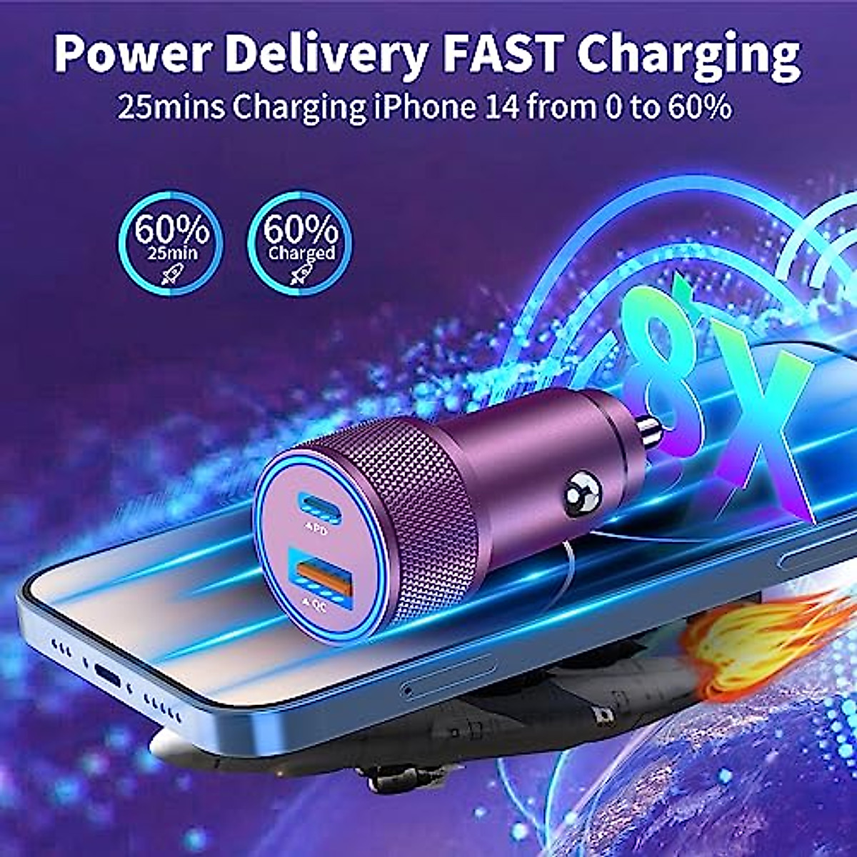 [Apple MFi Certified] iPhone Fast Car Charger, Veetone 48W Dual Port USB-C PD/QC3.0 Power Car Charger Adapter + 2 Pack Lightning Braided Cable Quick Charging for iPhone 14 13 12 11 Pro/XS/XR/SE/X/iPad