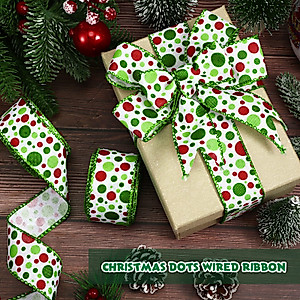 Hanaive 20 Yards Christmas Polka Dot Ribbon Xmas Wired Ribbon Christmas Tree Ribbons Decoration Green Red Polka Dot Printed Christmas Ribbons DIY Decorative for Wreaths Gifts Wrapping (1.5 Inch)