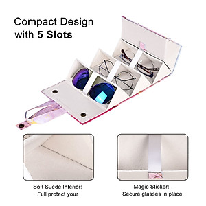 MEGREZ 5 Slots Sunglasses Organizer Box, PU Leather Foldable Woman Eyeglass Case Eyeglass Organizer Storage, Multiple Sunglass Holder for Travel with Eyeglasses Cloth, Pink-Marble