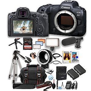Canon EOS R5 Mirrorless Camera Body + 128GB Pro Speed Memory + EF-RF Lens Adapter + Led Video Light + Microphone +Case + Tripod + Software Pack-Video Bundle (Renewed)