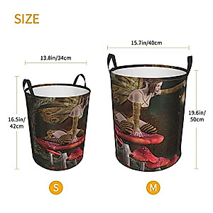 Laundry Basket,Mythical Fairy Creature Sitting On Mushroom Beside An Oak Tree Summer Forest,Large Canvas Fabric Lightweight Storage Basket/Toy Organizer/Dirty Clothes Collapsible Waterproof For College Dorms-Large
