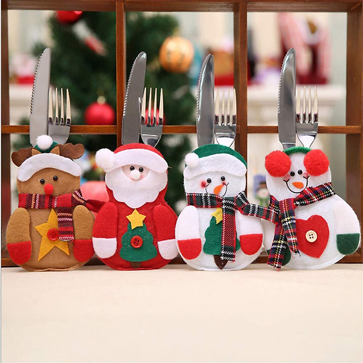 MOKYYDS 8PCS Set Christmas Snowman Cutlery Silverware Holders Pockets Knifes Forks Bag Santa Suit Xmas Deer Hotel Party Dinner Table Decoration